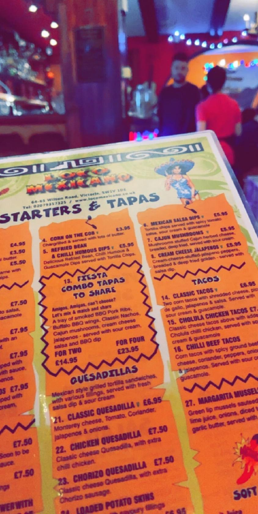 Carta del restaurante Loco Mexicano, Londres, 64-65 Wilton Rd