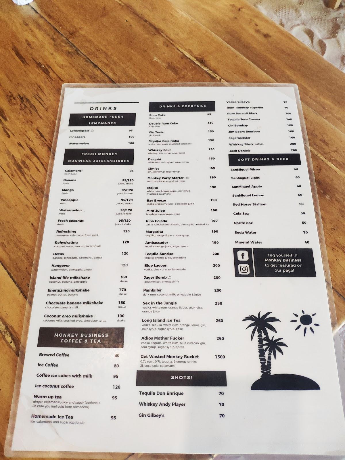 Menu at Monkey Business restaurant, San Juan