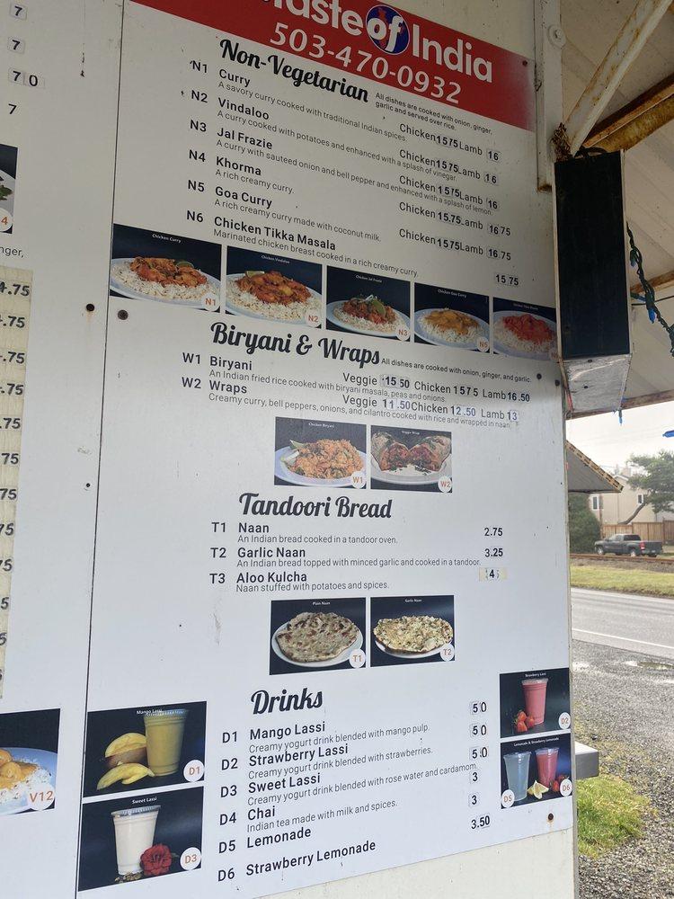 Menu at New Taste of India restaurant, Rockaway Beach