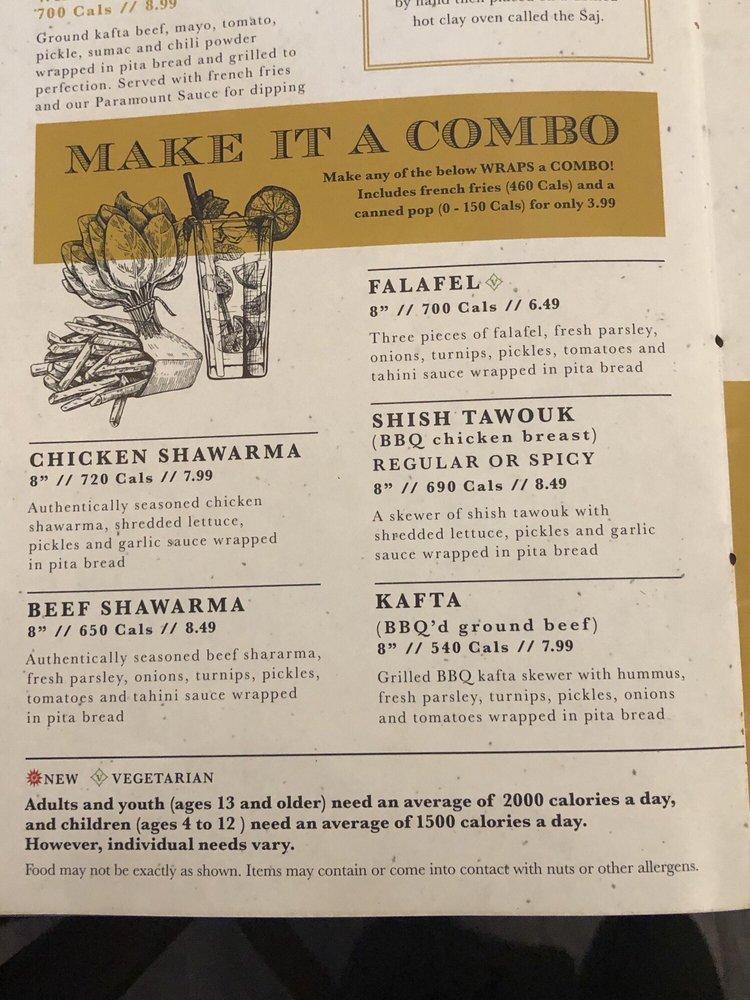 Menu at Paramount Fine Foods restaurant, Ottawa, 51 Marketplace Ave