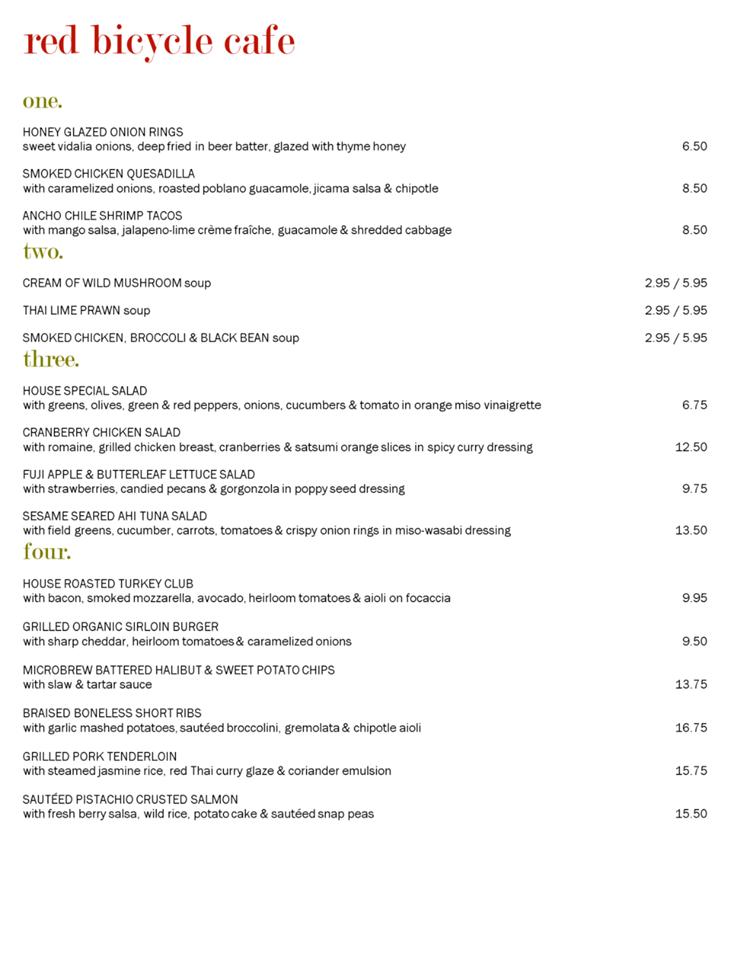 Menu at Red Bicycle Cafe, Ashland