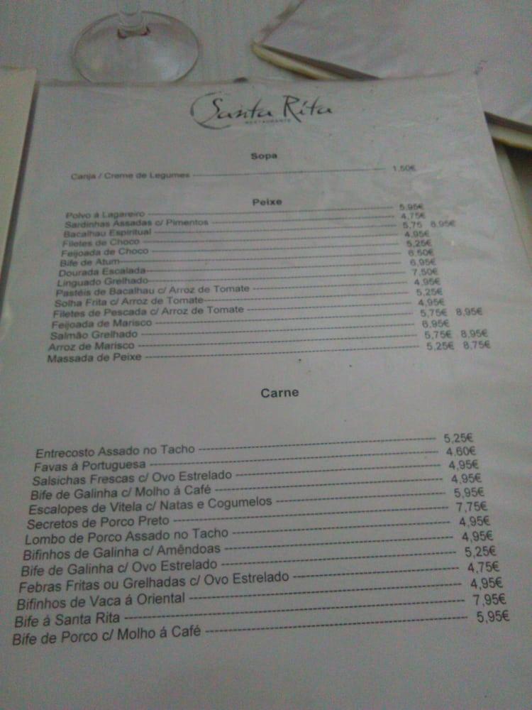 Carta del restaurante Santa Rita, Lisboa