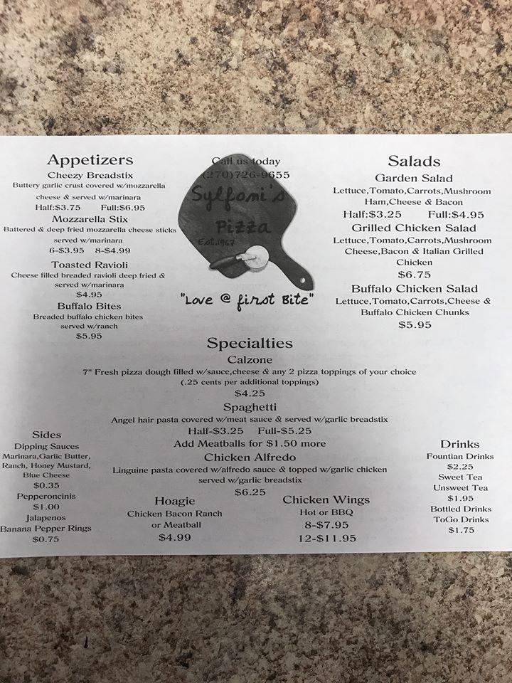 Menu at Sylfoni's Pizza pizzeria, Russellville, W 9th St