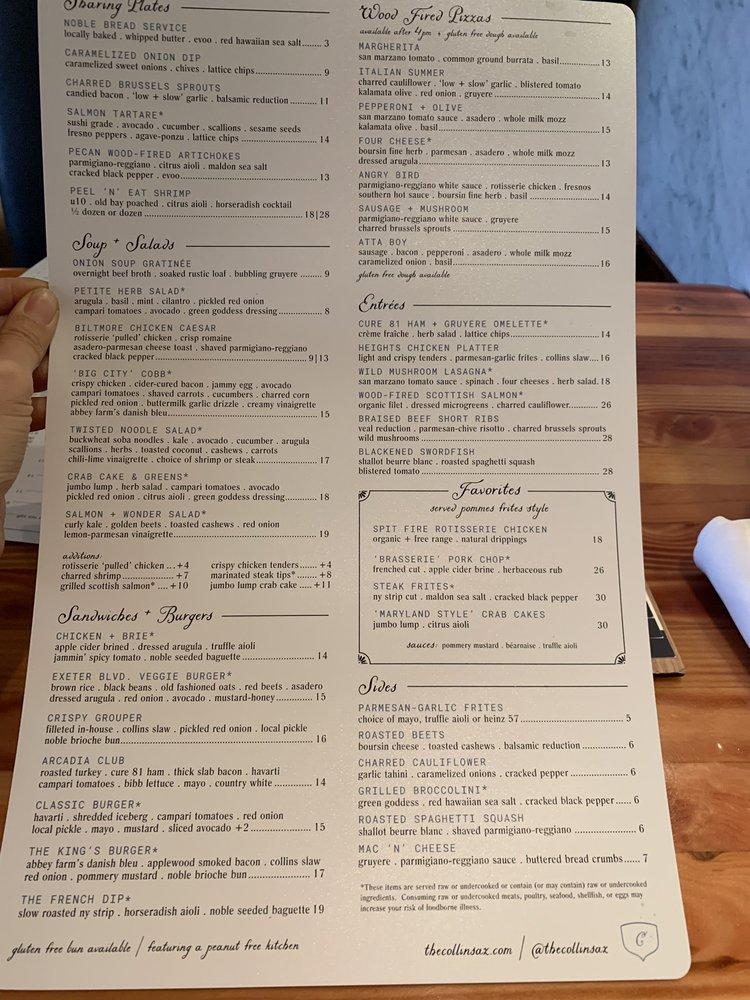 Menu at The Collins Small Batch Kitchen pub & bar, Phoenix