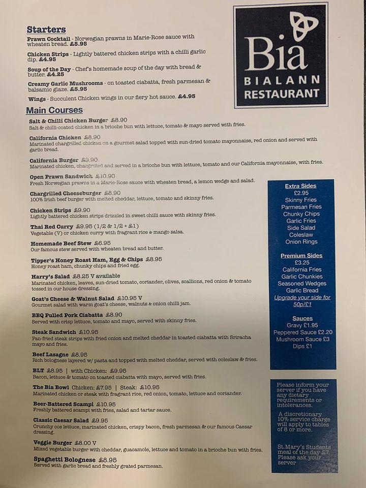 Menu at Bia Loch Lao restaurant, Belfast