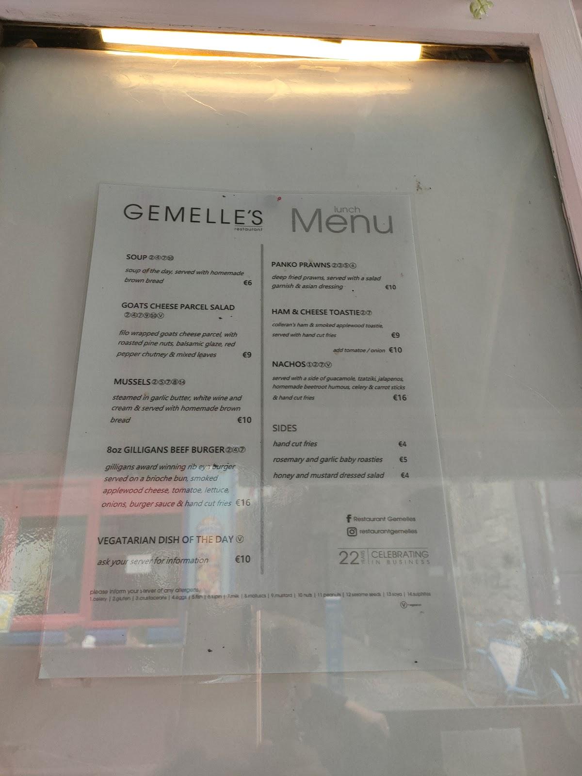 Menu at Gemelle's restaurant, Galway