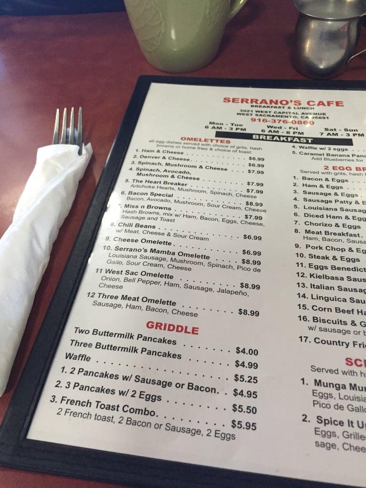 Menu at Serrano's Cafe, West Sacramento