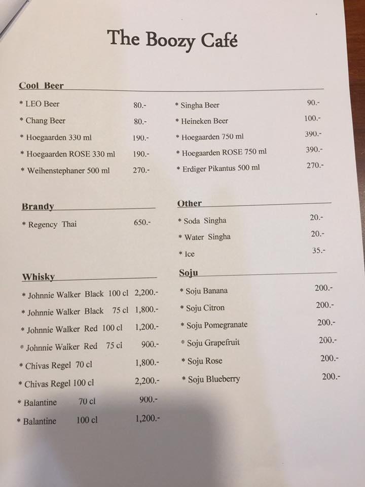 Menu at The Boozy Cafe’, Lampang, 726 lampang Ngao road
