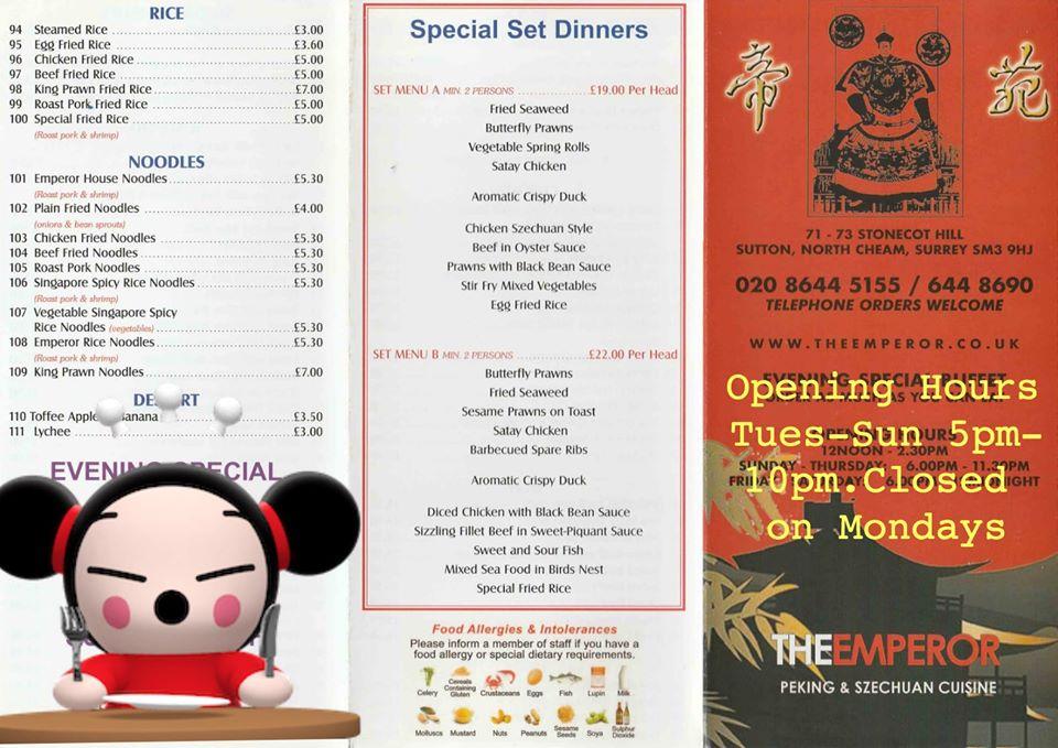 Menu at The Emperor restaurant, Sutton, 71-73 Stonecot Hill