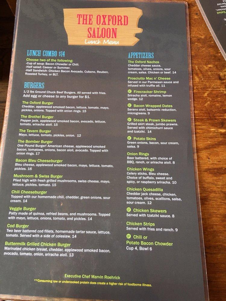Menu at The Oxford Saloon pub & bar, Snohomish