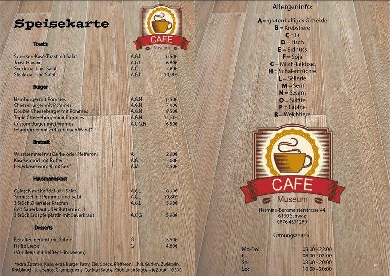 Speisekarte von Cafe Museum, Schwaz