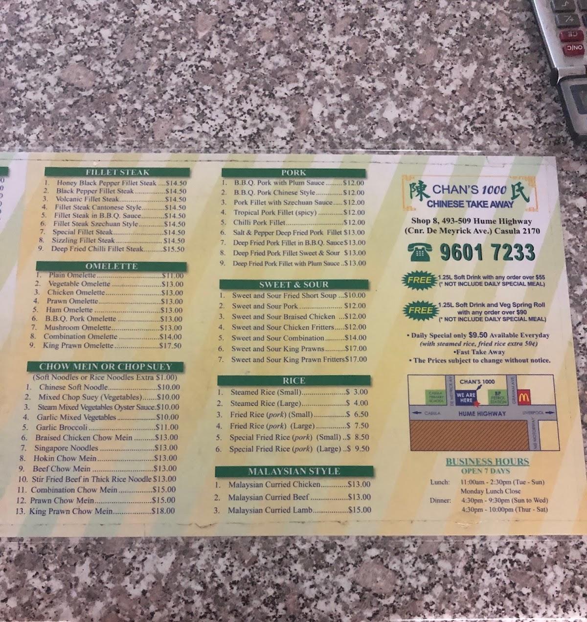 Menu at Chans 1000 restaurant, Casula
