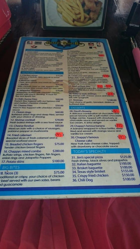 Menu at Chappy's pub & bar, Puerto Vallarta