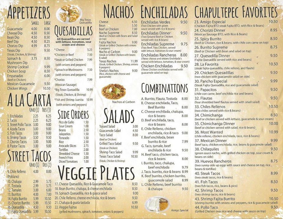 Menu at Chapultepec Mexican Grill restaurant, Tyrone