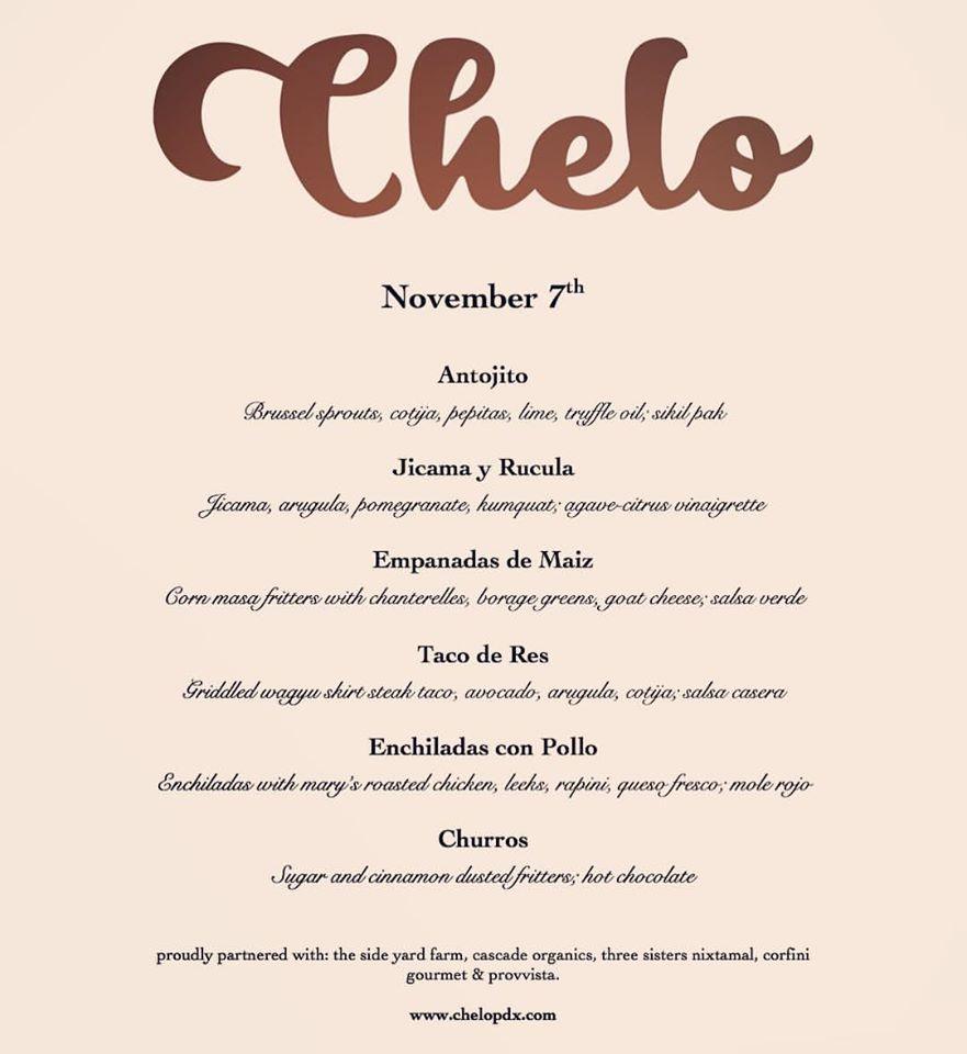 Menu at Chelo restaurant, Portland