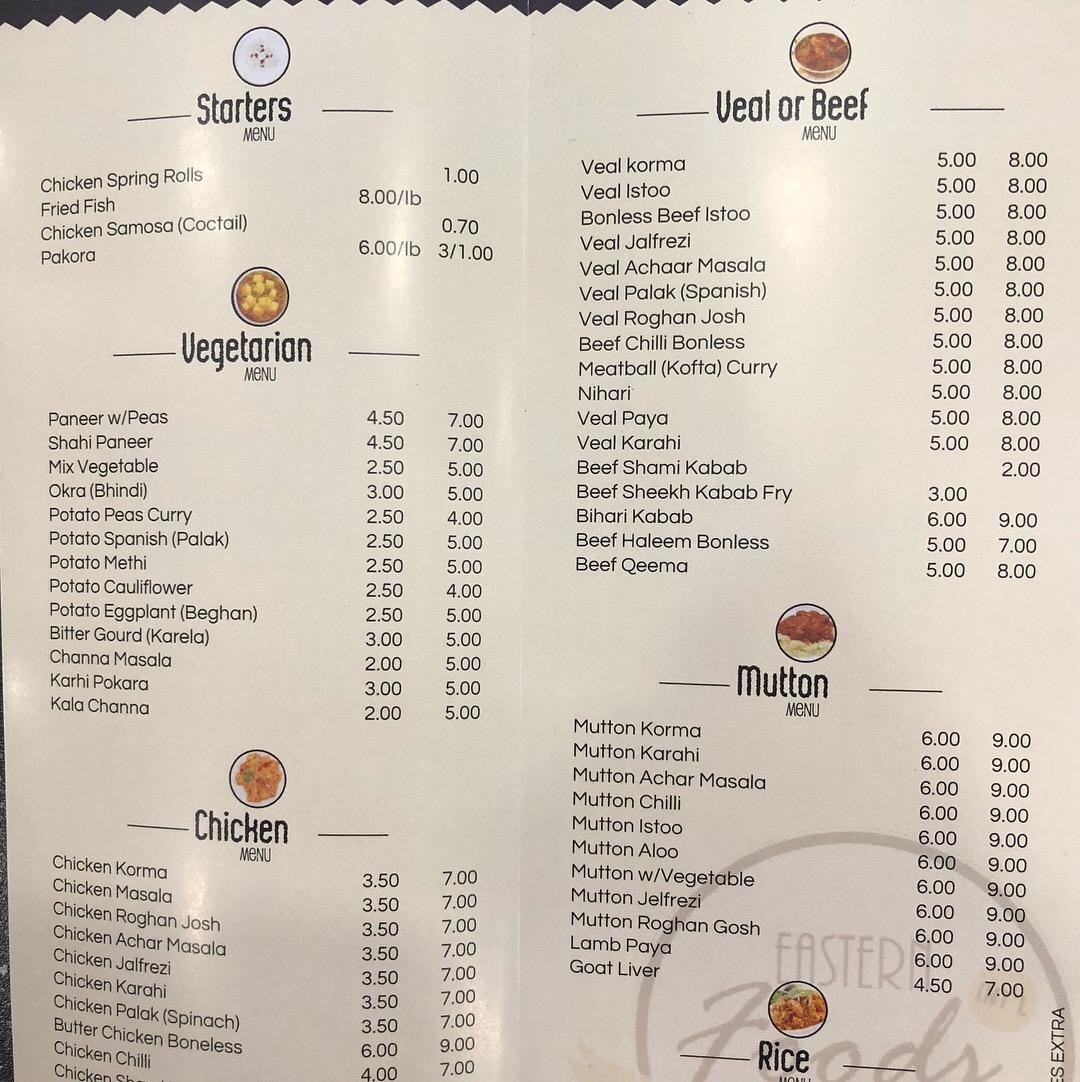 Menu at Eastern Foods Intl restaurant, Mississauga