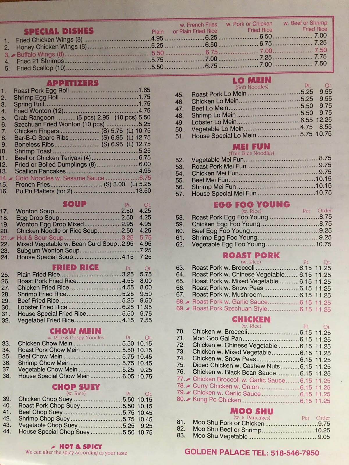 Menu at Golden Palace restaurant, Port Henry