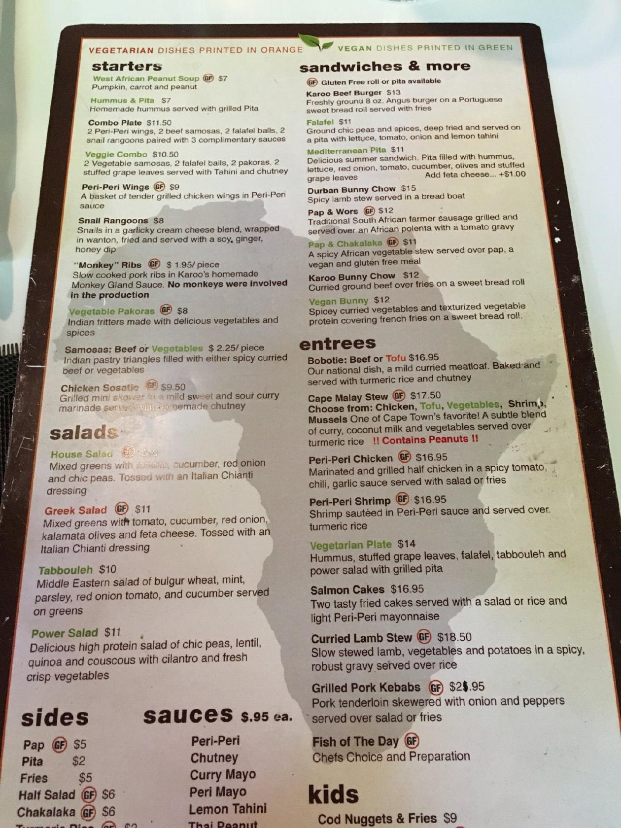 Menu at Karoo Restaurant, Eastham