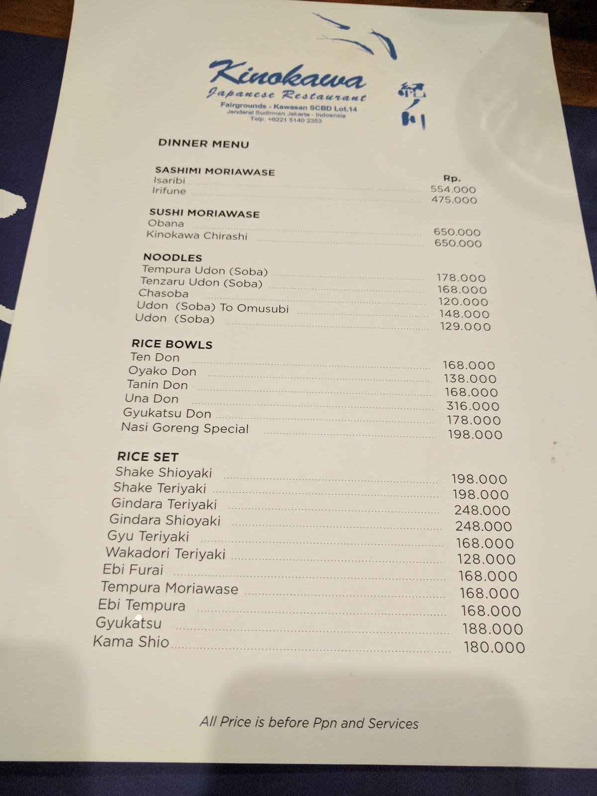 Menu at Kinokawa SCBD restaurant, Jakarta, Jl. Jend. Sudirman Kav. 52 ...