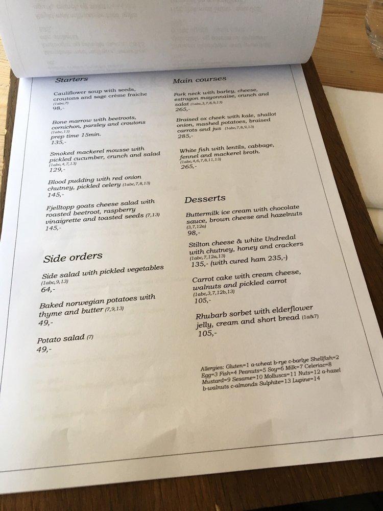 Menu at Marg & Bein restaurant, Bergen