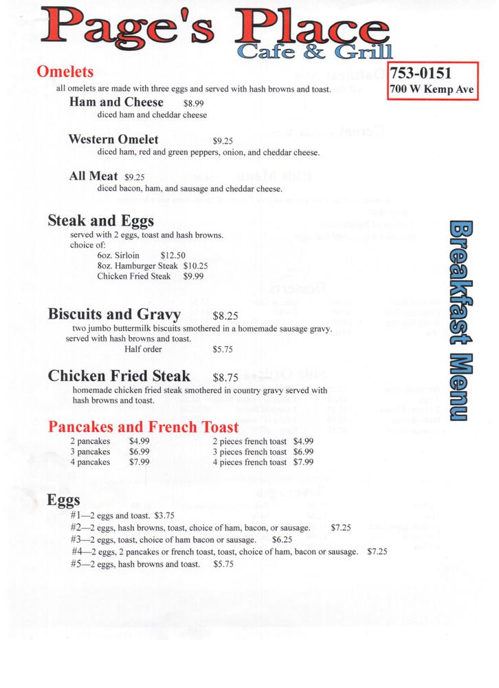 Menu at Page's Place Cafe And Grill, Watertown