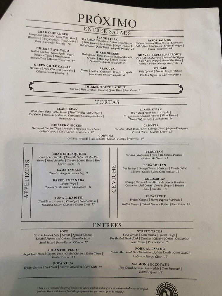 Menu at Proximo restaurant, Fort Wayne