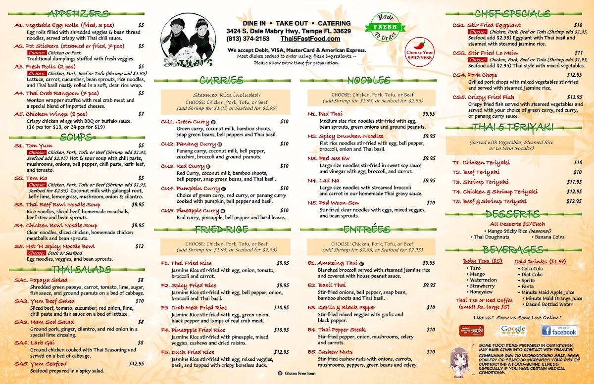 Menu at THAI 5 Fast Food Restaurant, Tampa