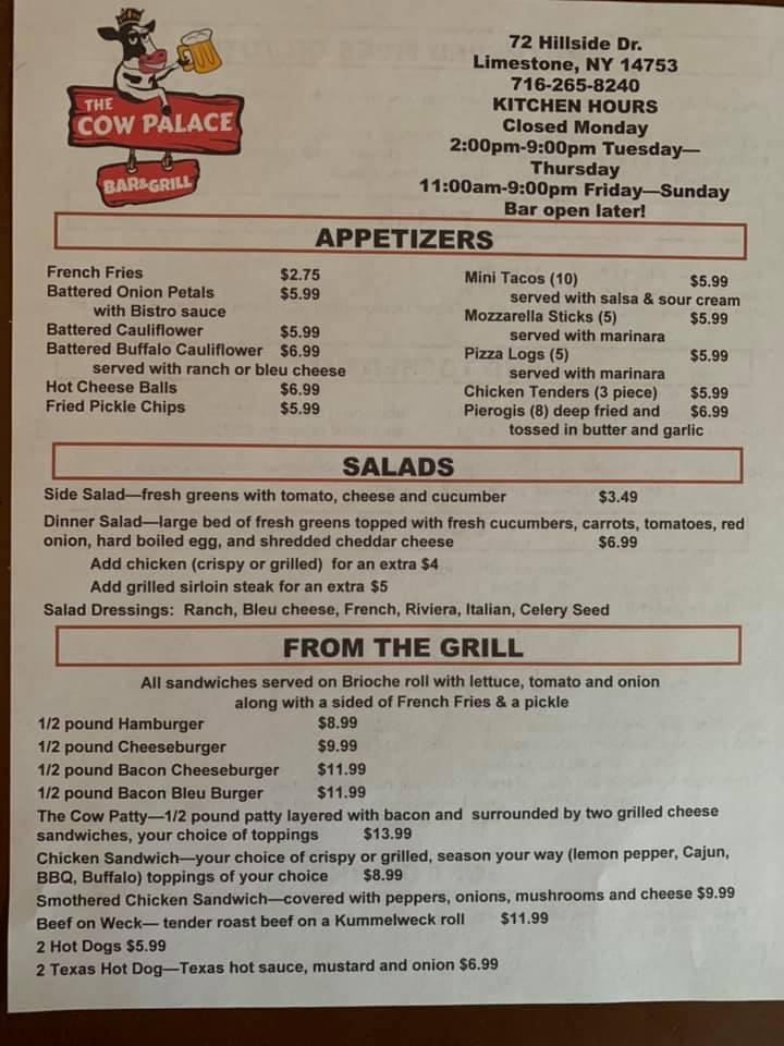 Menu at The Cow Palace Bar & Grille, Limestone, 72 Hillside Dr
