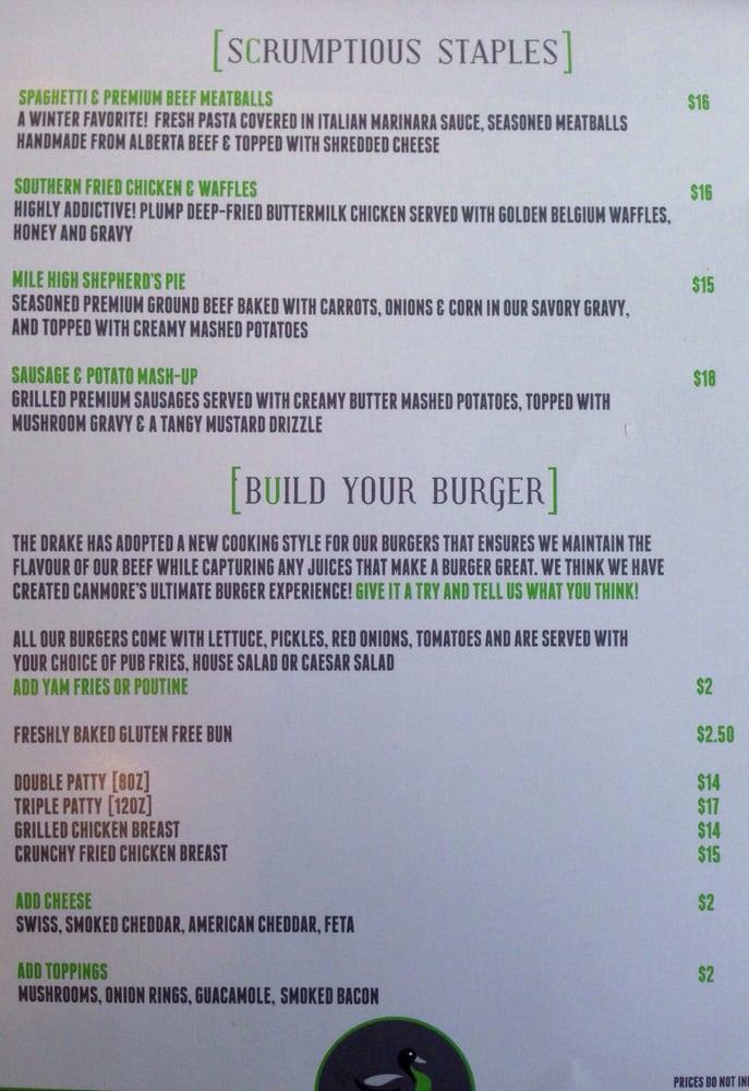 Menu at The Drake Pub, Canmore