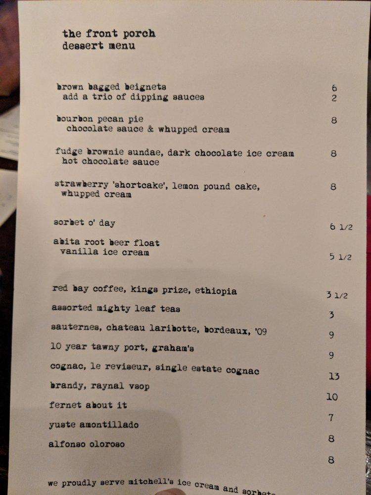 Menu at The Front Porch restaurant, San Francisco