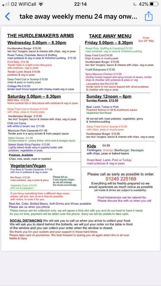 Menu at The Hurdlemakers Arms pub & bar, Woodham Mortimer, Post Office Rd