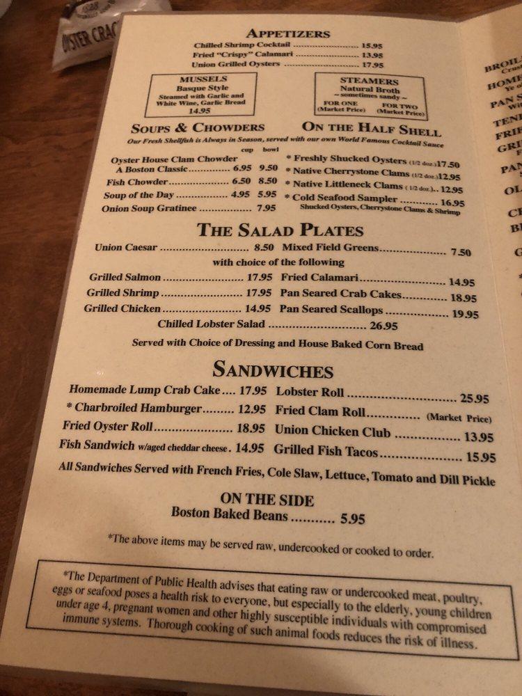 Menu at Union Oyster House restaurant, Boston