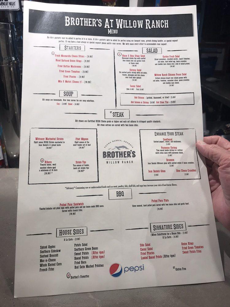 Menu at Brother's at Willow Ranch restaurant, Young Harris