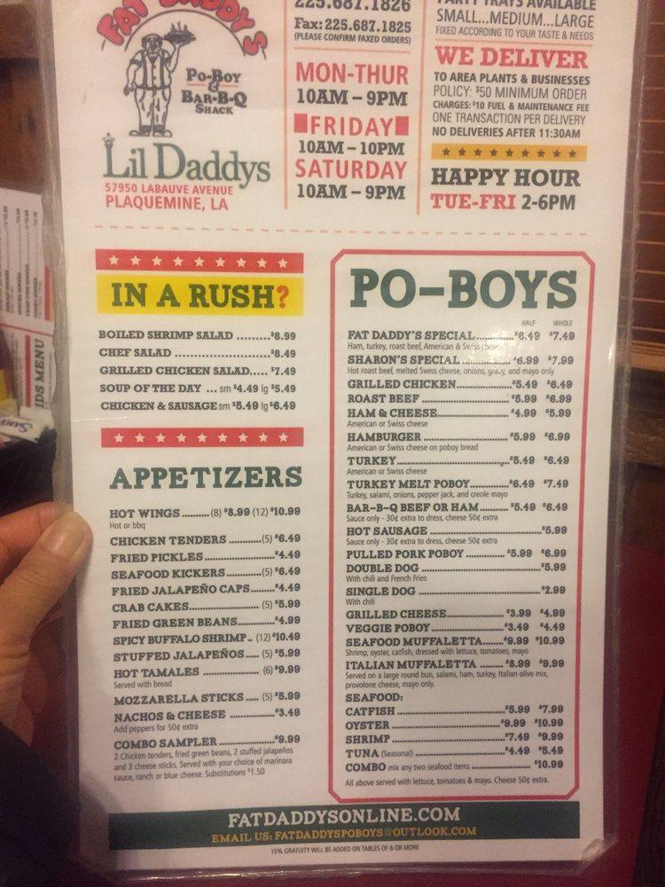 Menu at Fat Daddy's restaurant, Plaquemine
