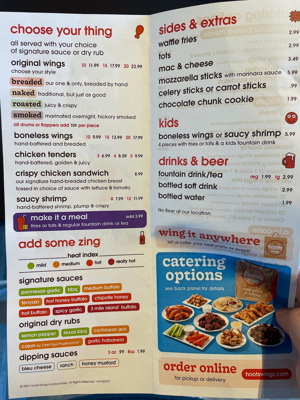 Carta del restaurante Hoots Wings, Fort Worth, Golden Triangle Boulevard