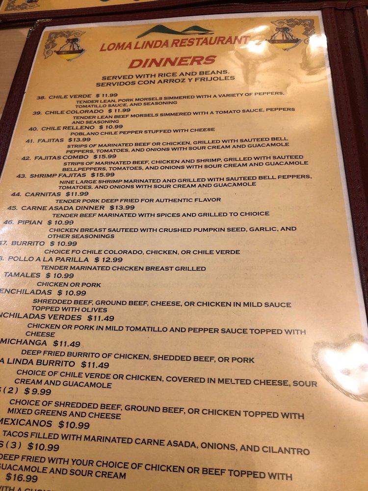 Menu at Loma Linda restaurant, Bakersfield