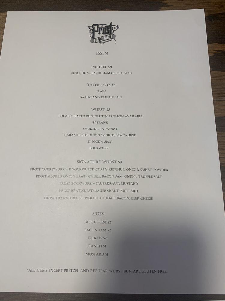 Menu at Prost Biergarten restaurant, Reno