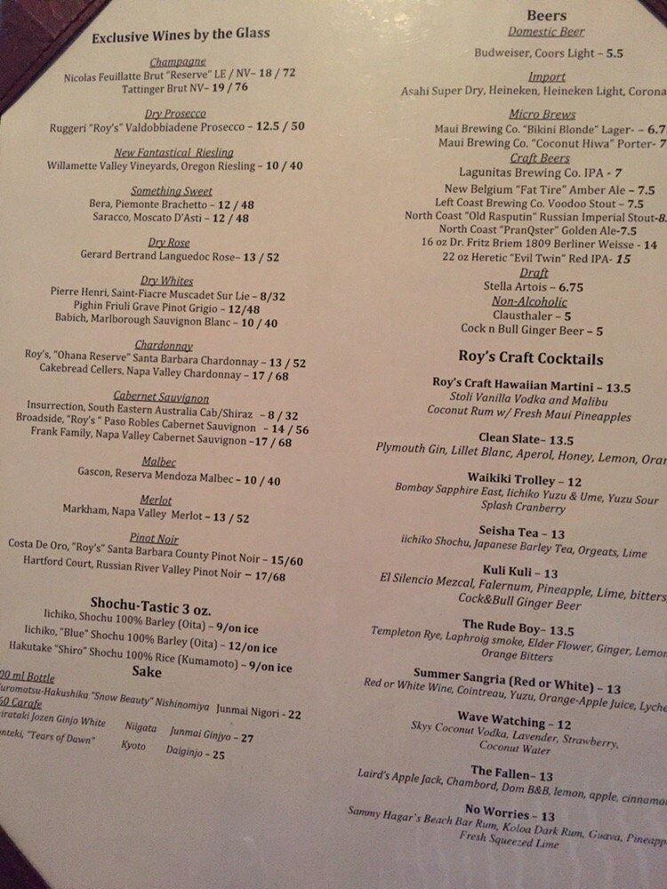 Menu at Roy's Waikiki pub & bar, Honolulu