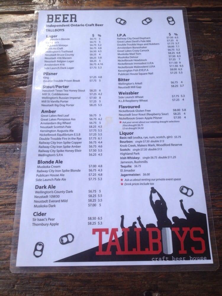Menu at Tallboys pub & bar, Toronto