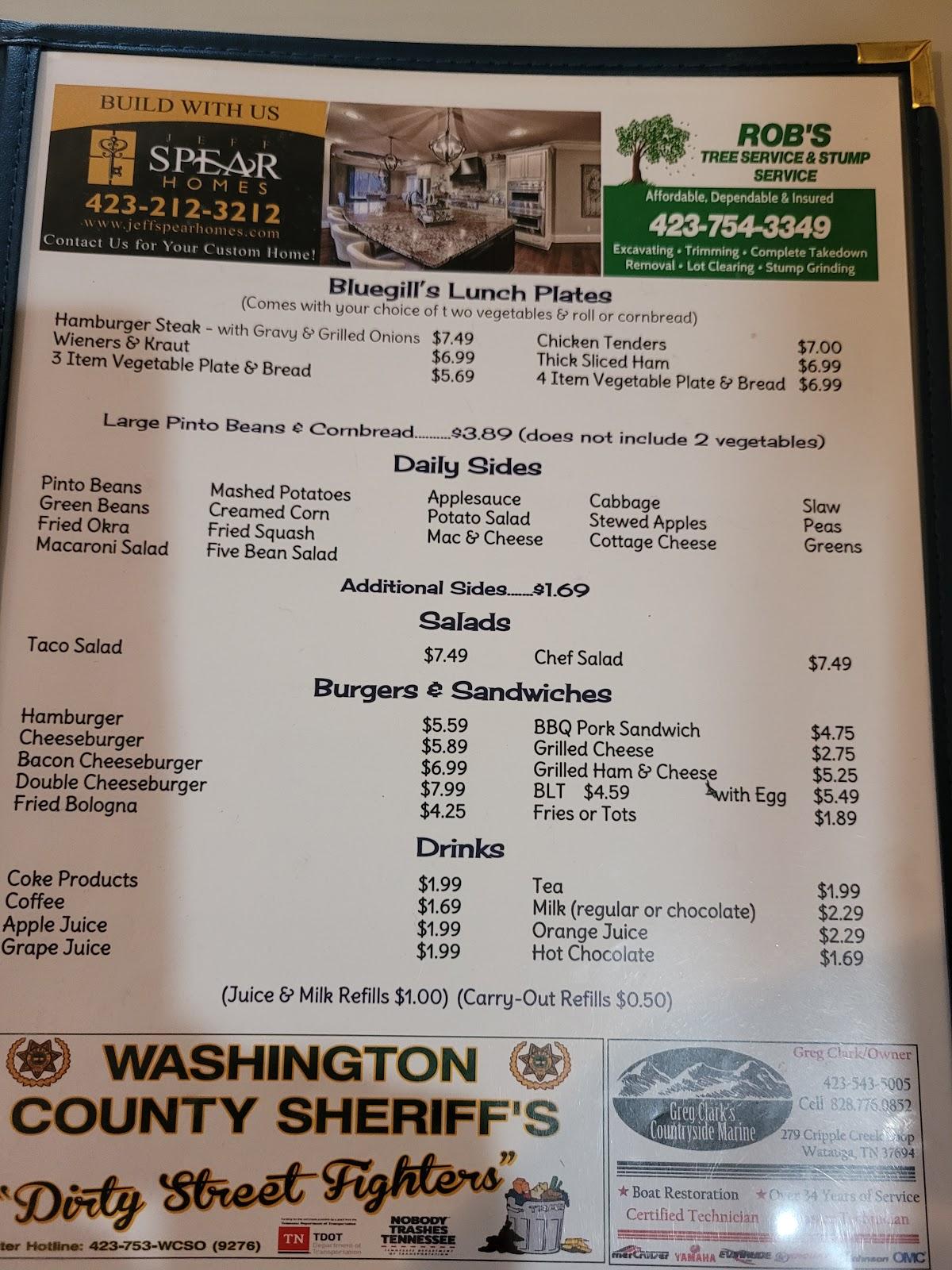 Menu at Blue Gill's restaurant, Johnson City, Kingsport Hwy