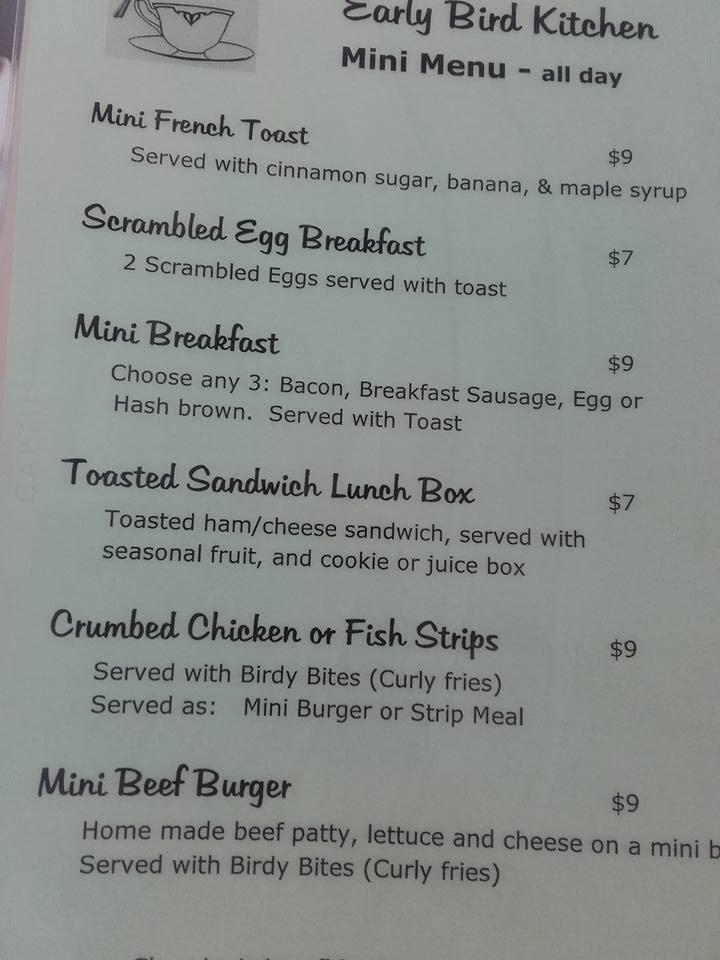Menu at Early Bird Kitchen cafe, Hamilton