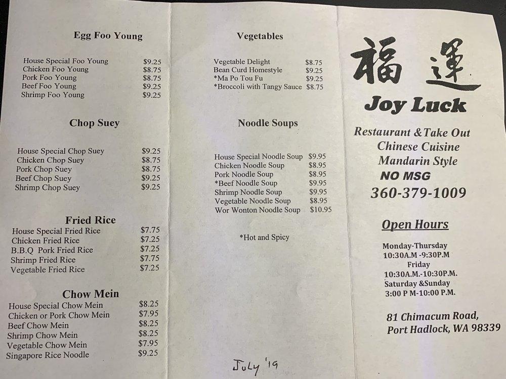 Menu at Joy luck restaurant, Port Hadlock-Irondale