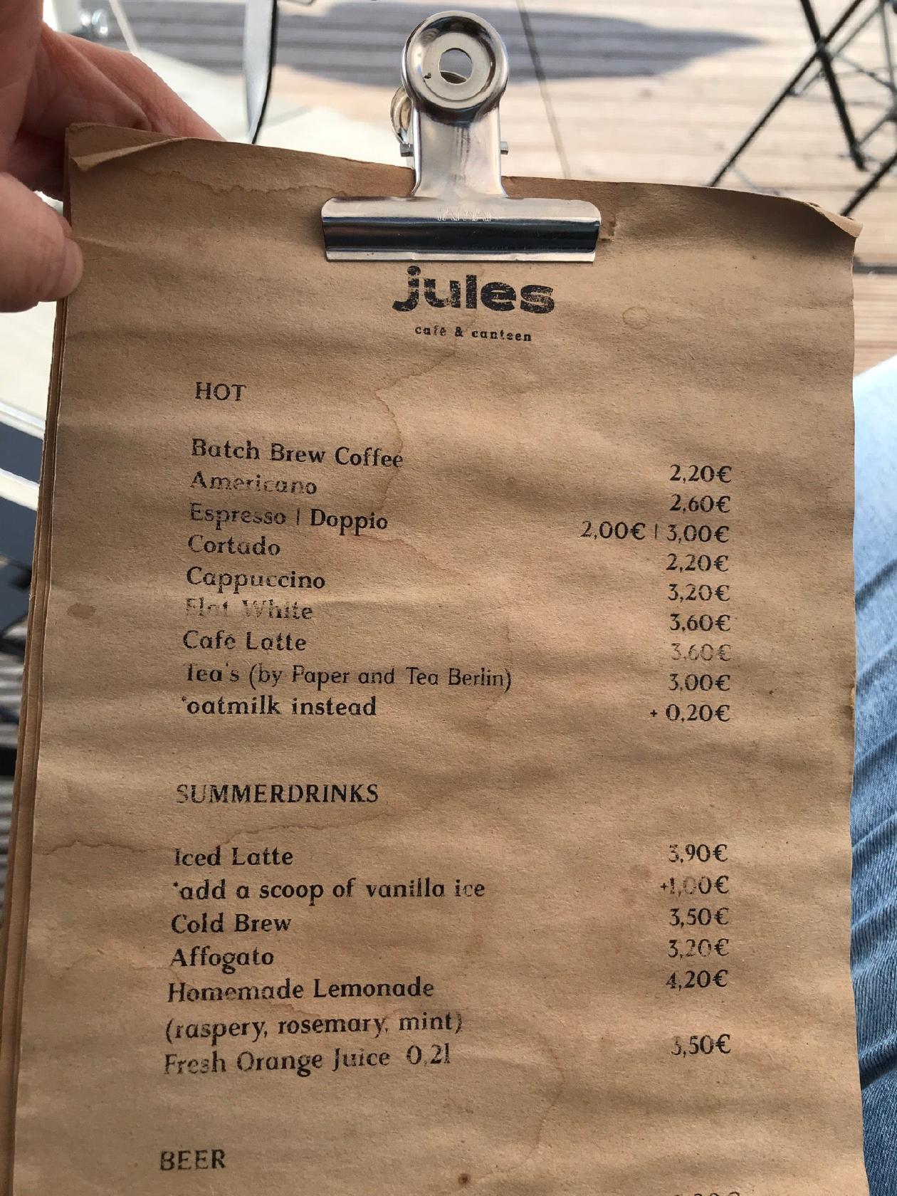 Menu at Jules Biergarten & Café cafe, Berlin
