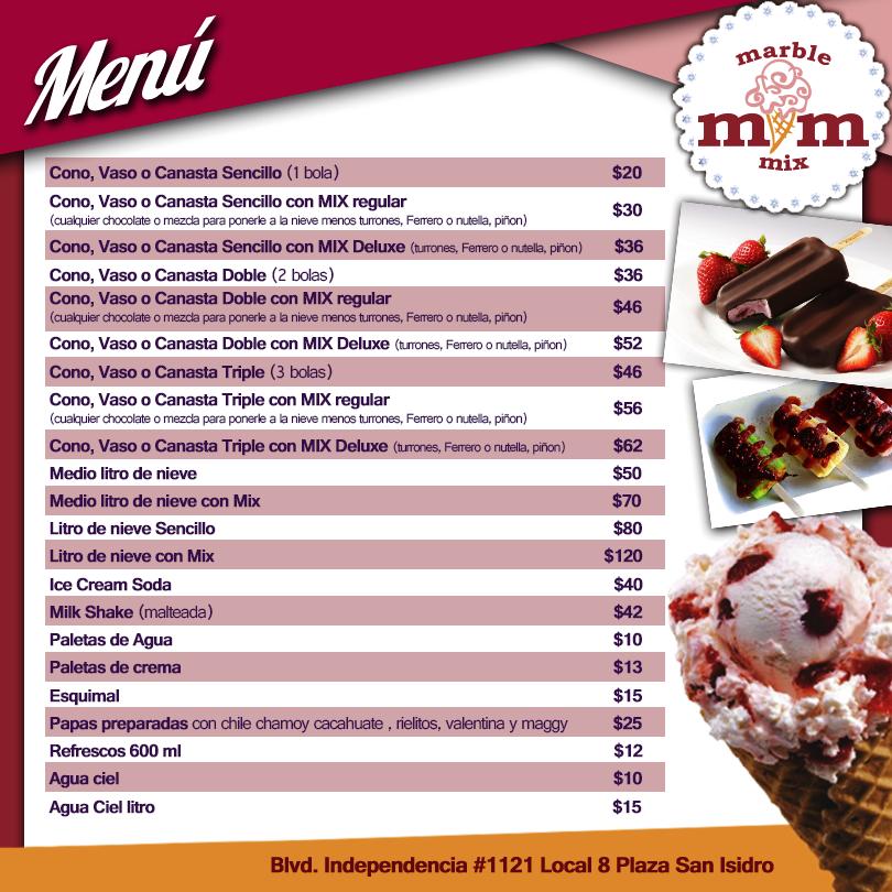Menu at Marble Mix, Torreón, Boulevard Independencia