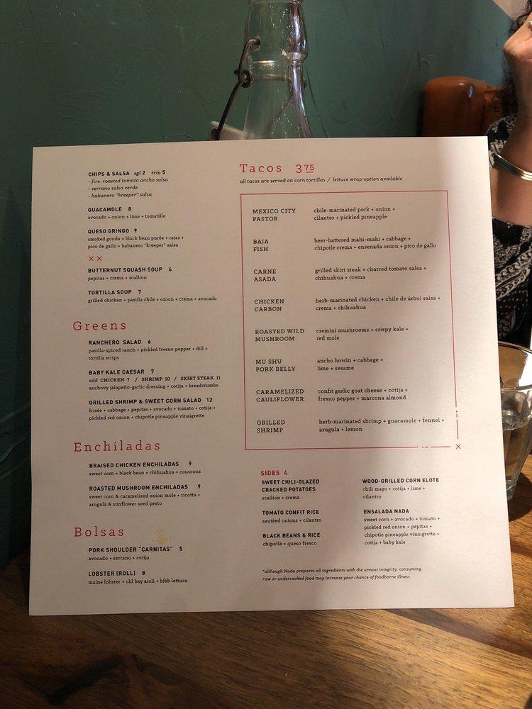 Menu at Nada restaurant, Nashville