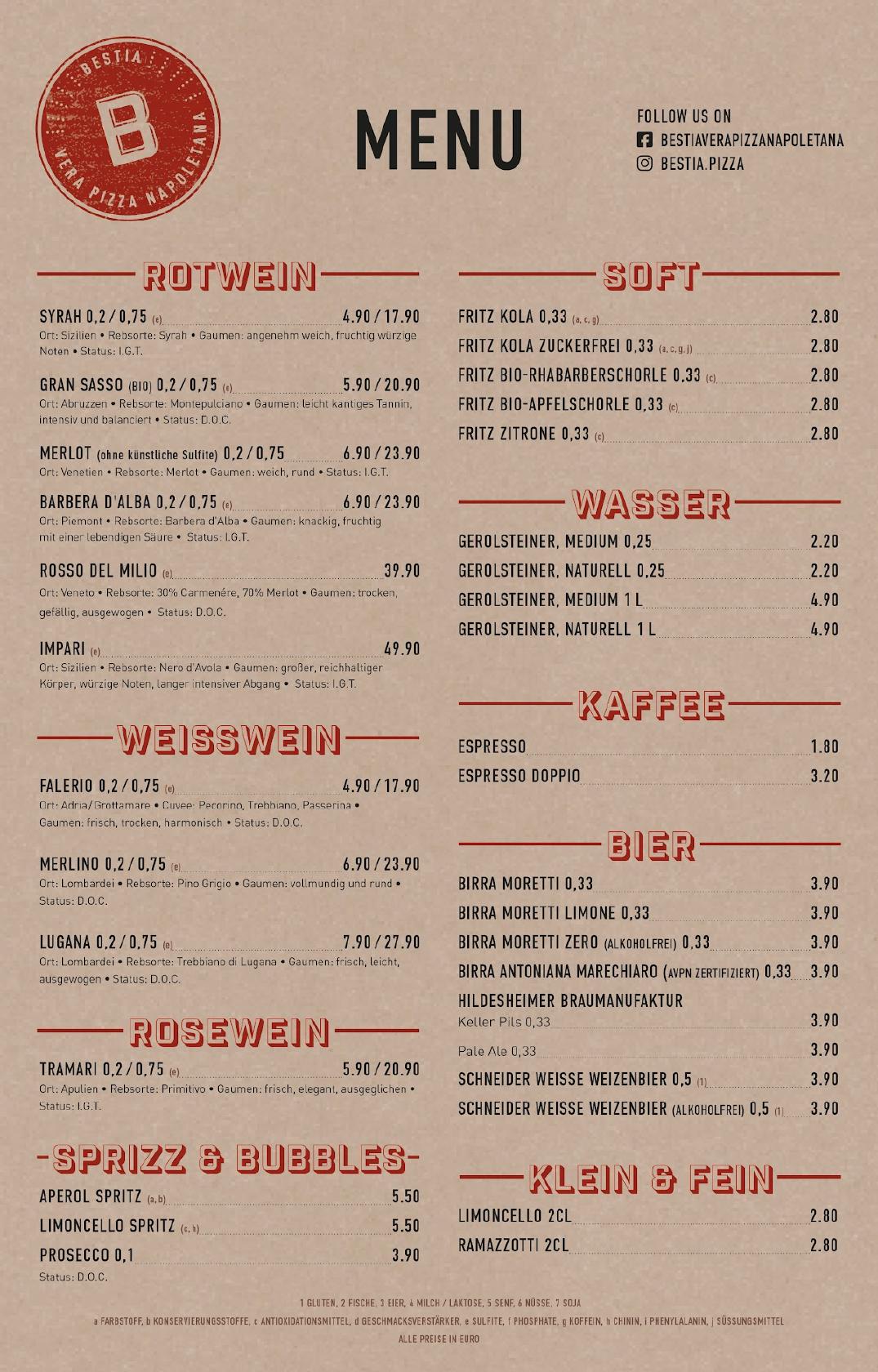 Speisekarte von BESTIA Vera Pizza Napoletana, Hildesheim