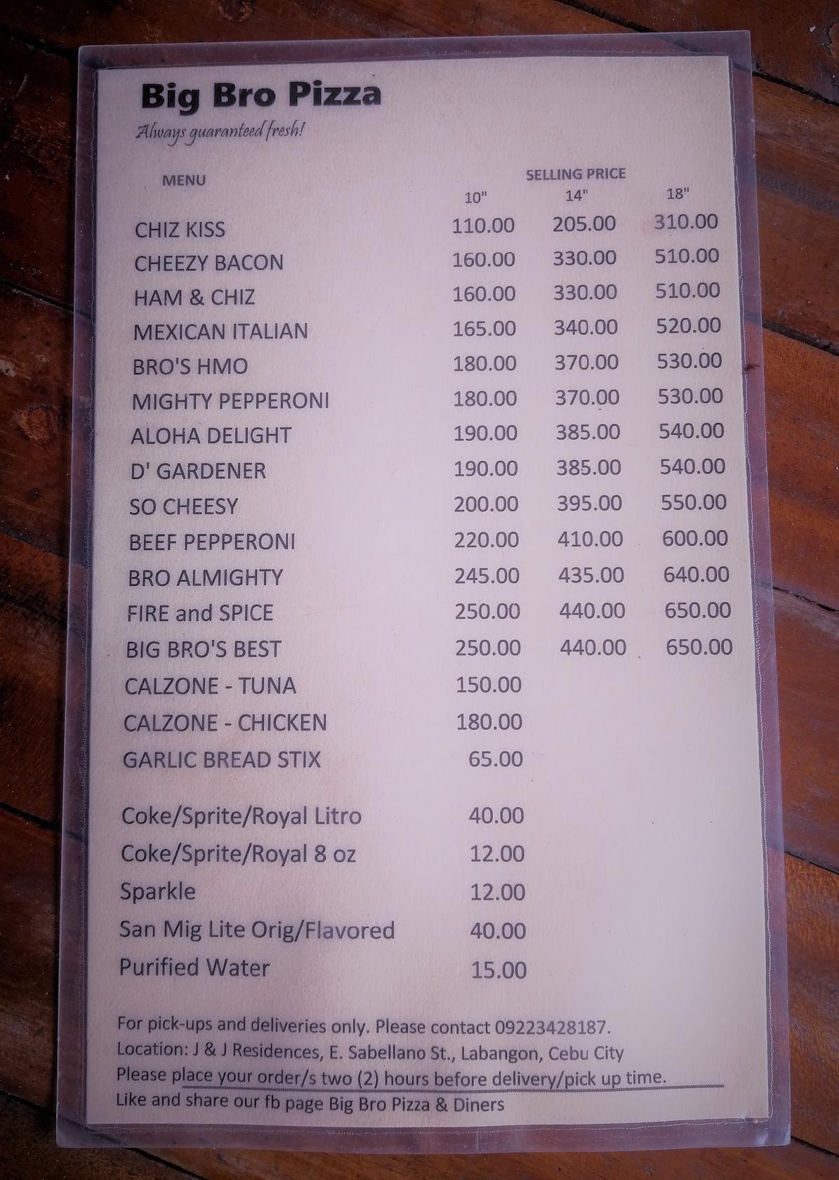 Menu at Big Bro Pizza & Diners restaurant, Cebu City, 7VV9+738