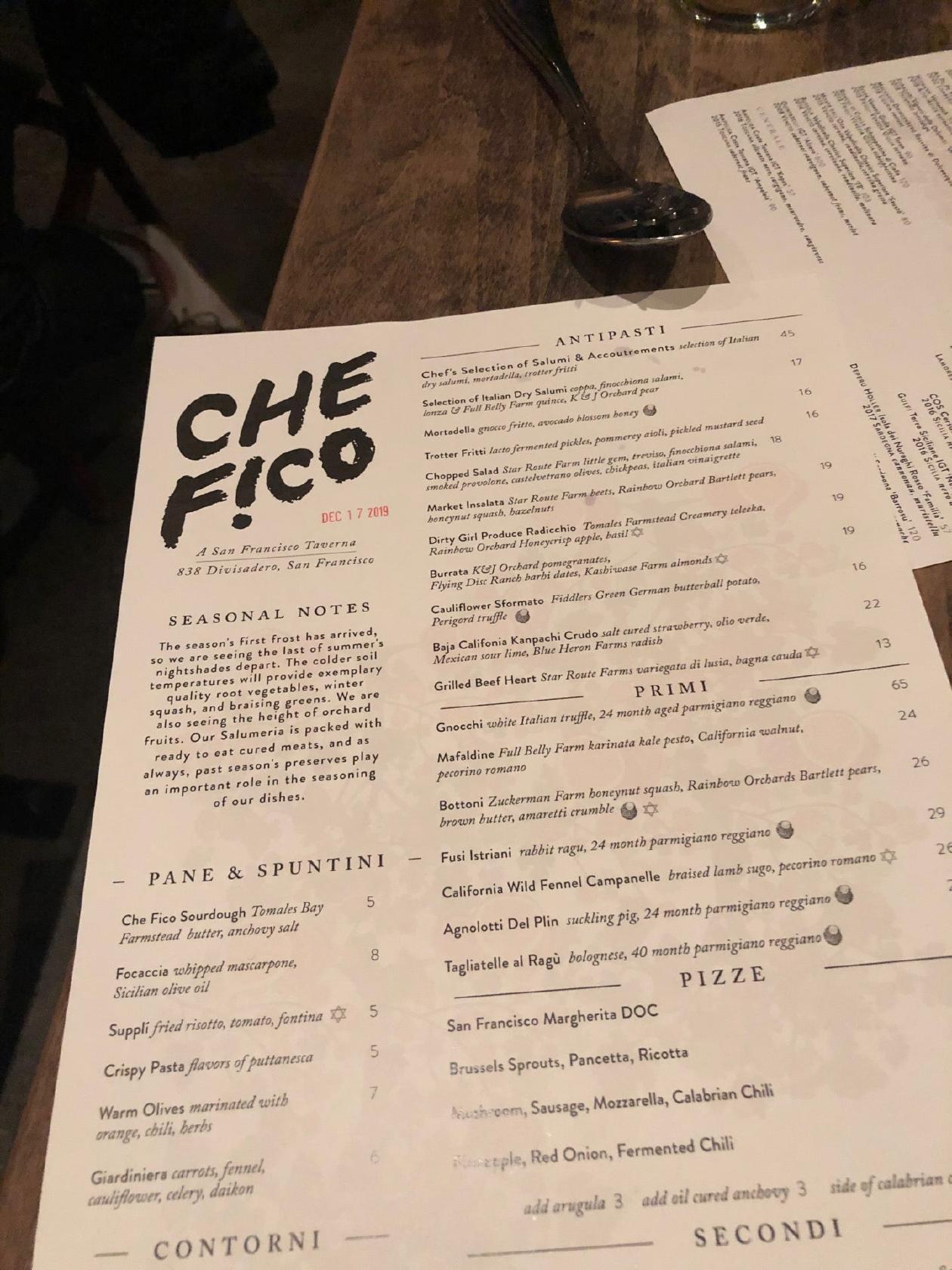 Menu at Che Fico restaurant, San Francisco