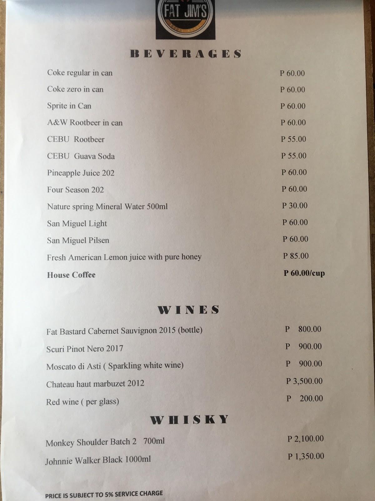 Carta de parrilla Fat Jim's Steak House, Mandaue