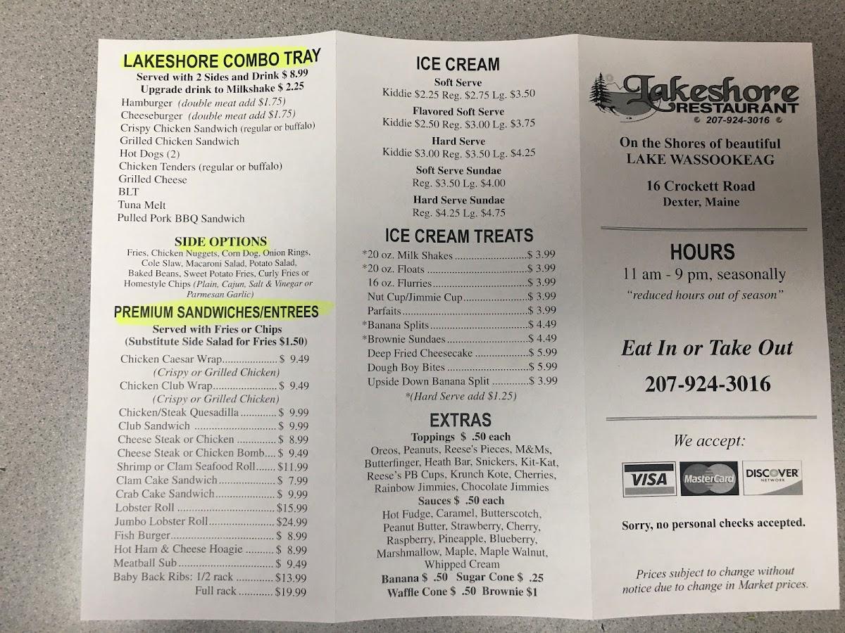 Menu at Lakeshore Restaurant, Dexter, 16 Crockett Rd